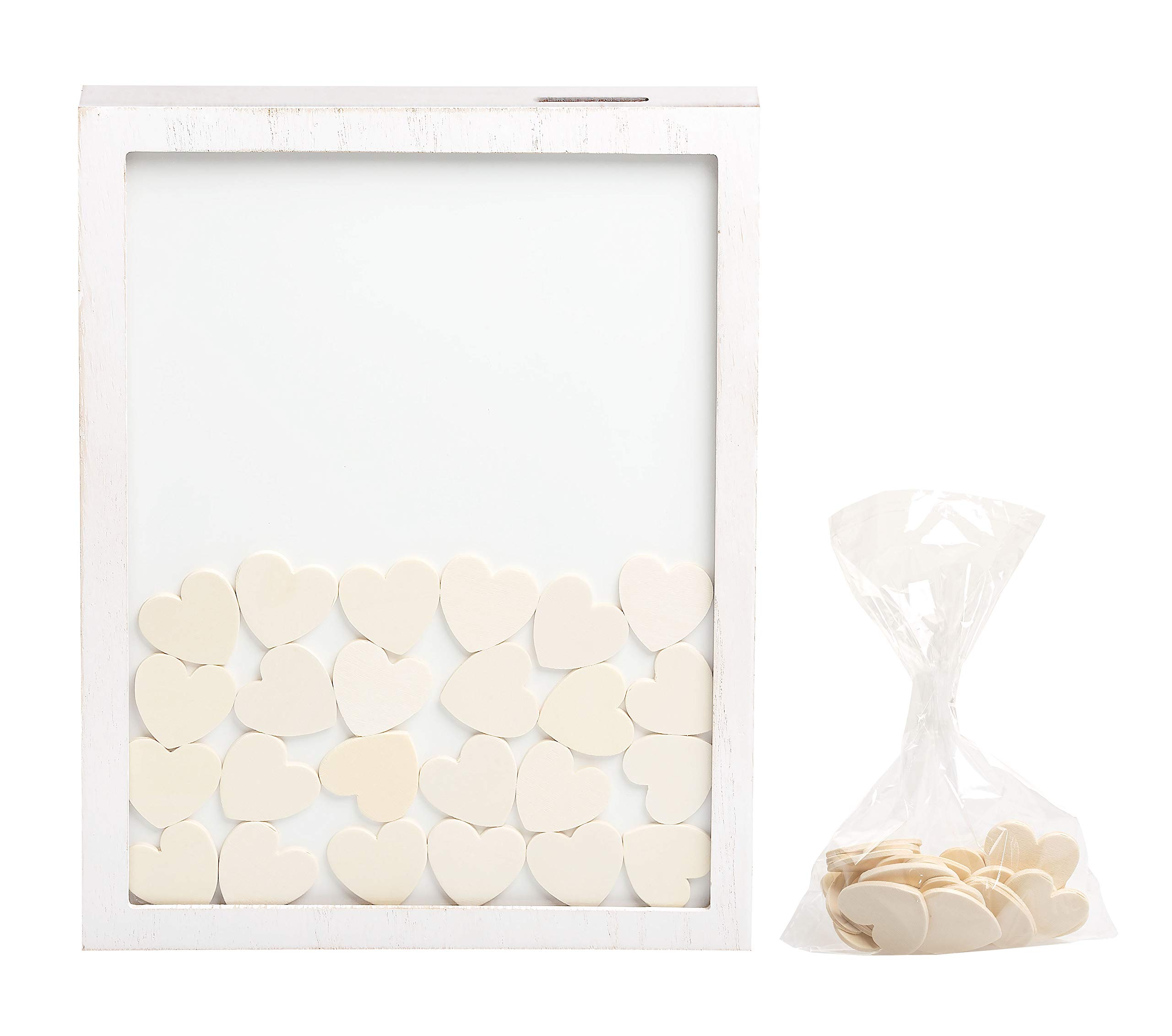 Kate & Milo Wedding Guestbook Token Frame, Includes 50 Heart Tokens, Perfect for Wedding Reception or Bridal Shower, Distressed White