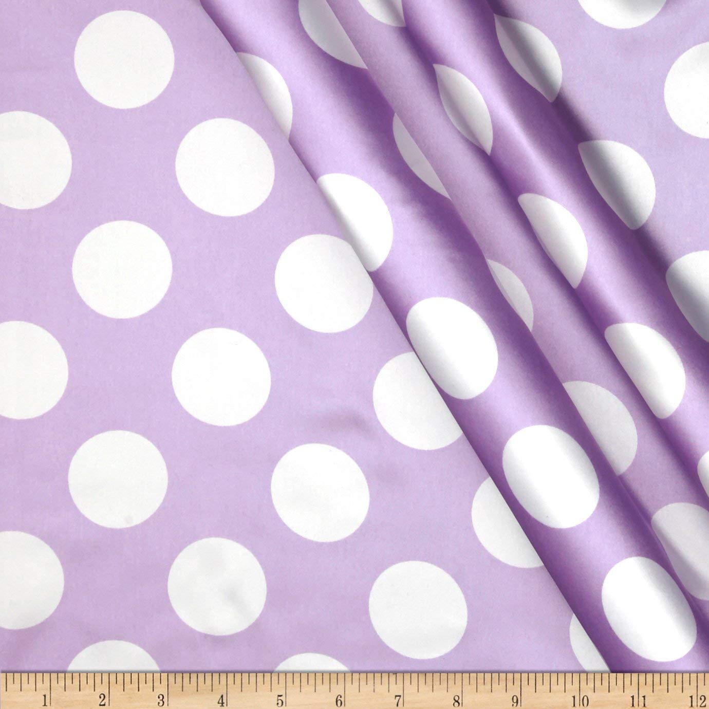 New Creations Fabric & Foam Inc, 60" Wide - 1½" Dot - Charmeuse Satin Polka Dot Fabric (White Dot on Lilac, 1 Yard)