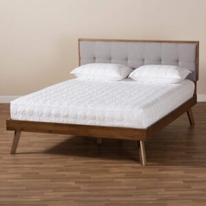 Baxton Studio Alke Mid-Century Modern Light Grey Fabric Upholstered Walnut Brown Finished Wood Queen Size Platform Bed