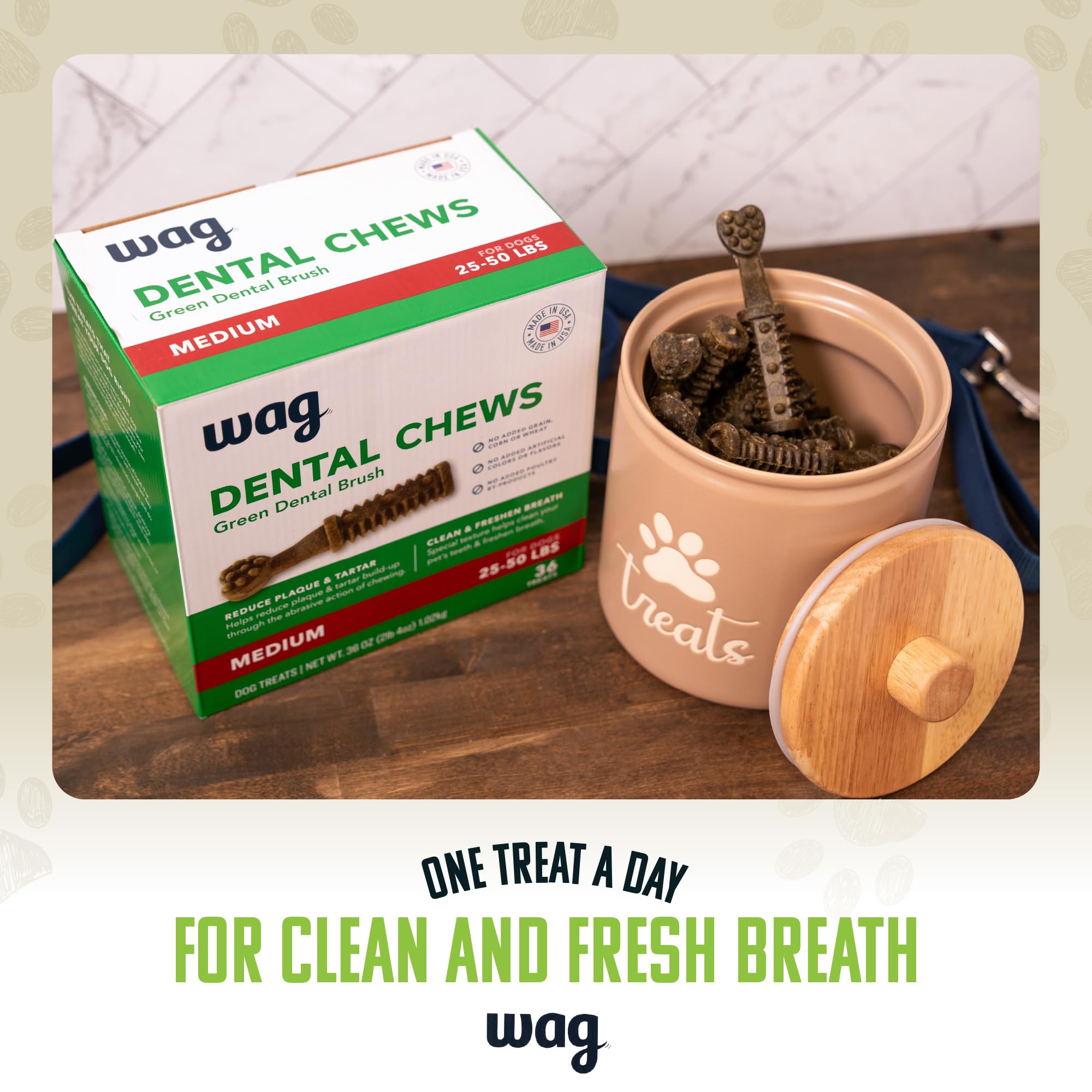 Amazon Brand - Wag Dental Dog Treats to Help Clean Teeth & Freshen Breath - Tiny, Unflavored, 2.25 pounds, 130 Count (Pack of 1)