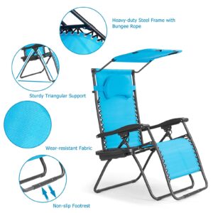 S AFSTAR Zero Gravity Chair with Shade Canopy, Reclining Lounge Chair with Adjustable Canopy Removable Headrest, Cup Holder, Folding Zero Gravity Lawn Chair for Patio Poolside, Assembly-Free, Blue