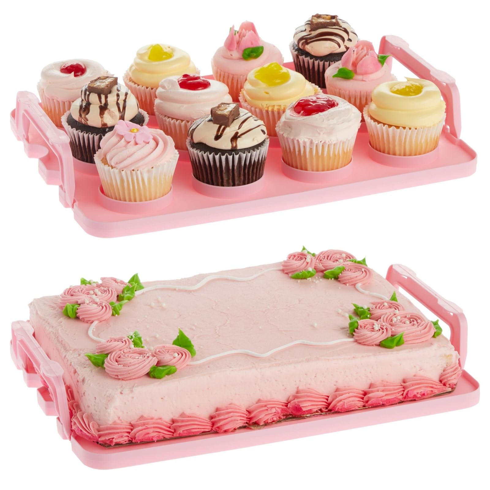 3 Tier Cupcake Carrier with Lid and Handle, Holds 36 Cupcakes (Pink, 13.5 x 10.25 x 10.75 In)