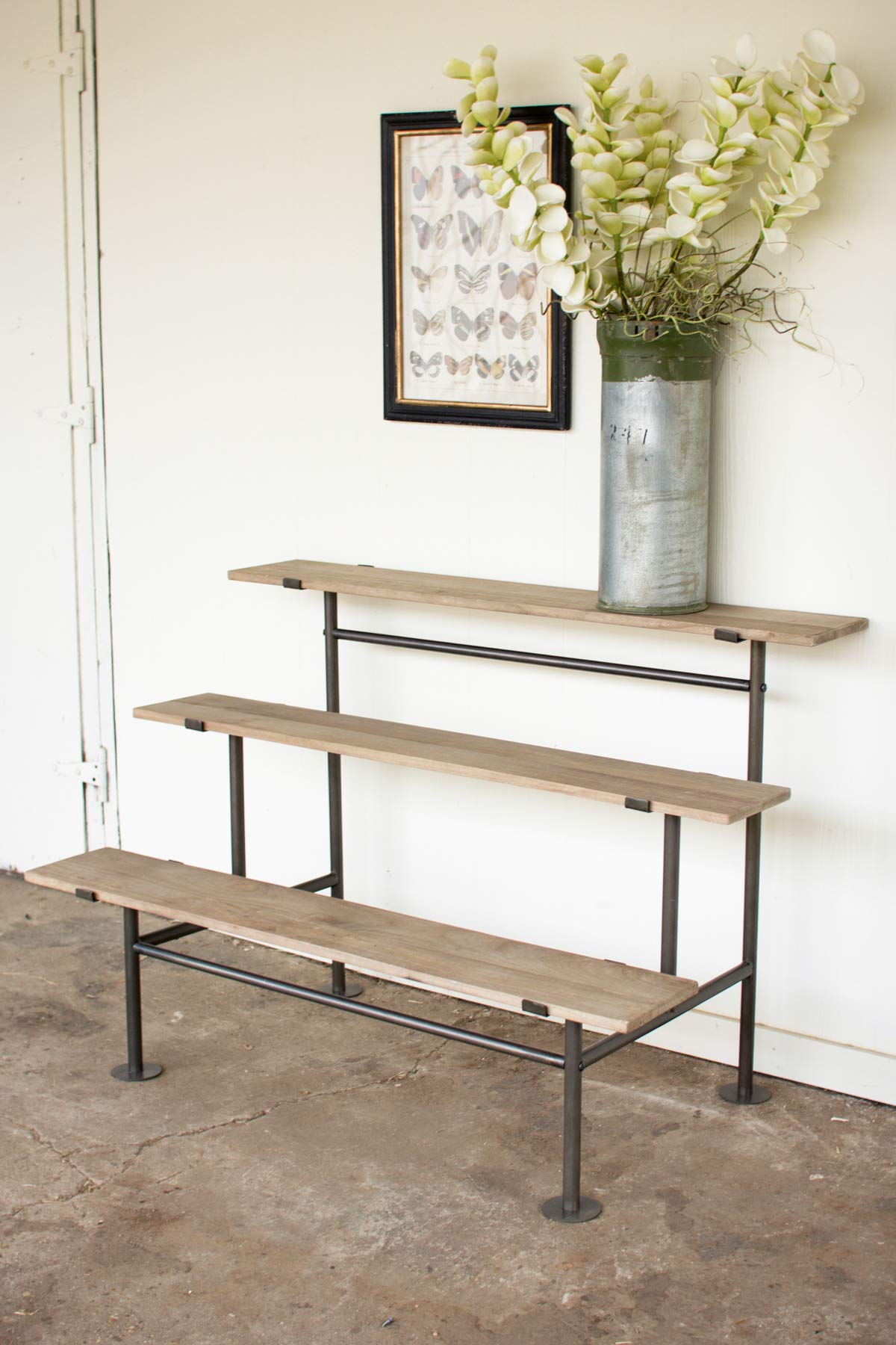 MY SWANKY HOME Modern Three Tiered Wood Shelves Bleachers Style Metal Display Unit Industrial