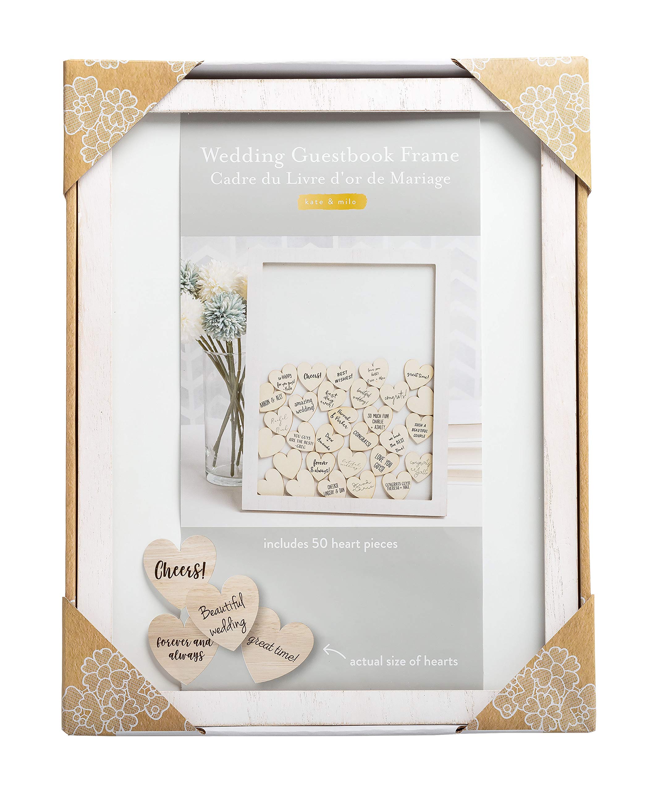 Kate & Milo Wedding Guestbook Token Frame, Includes 50 Heart Tokens, Perfect for Wedding Reception or Bridal Shower, Distressed White