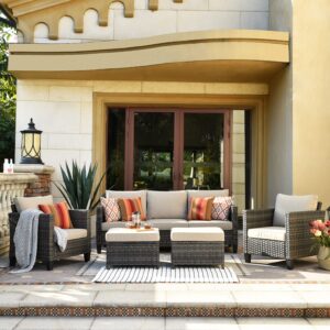 xizzi outdoor rattan patio furniture set, 5 pieces all weather grey wicker conversation set with sofa couch, chairs and ottomans for garden,deck and backyard (beige)