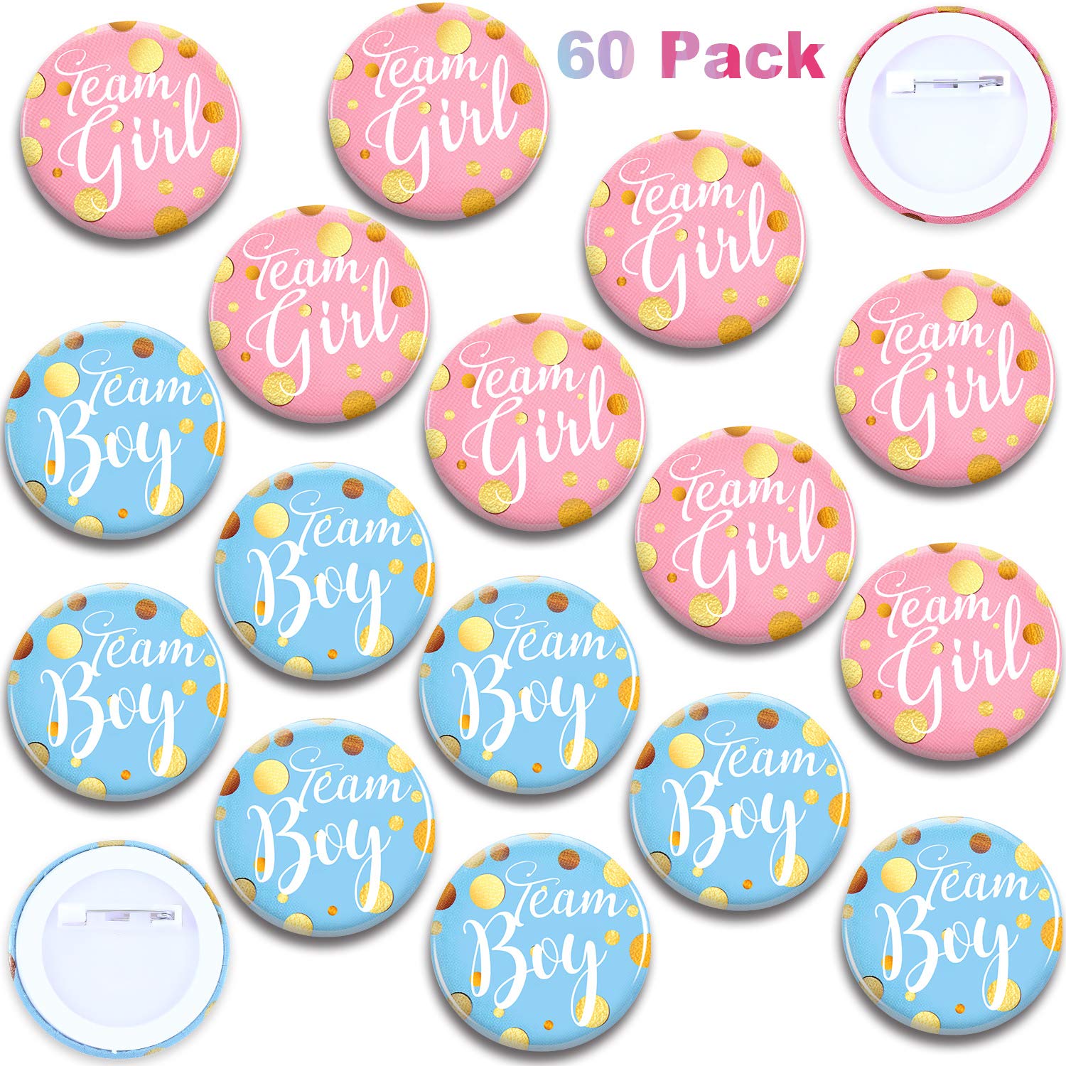 60 Pieces Gender Reveal Pins Team Girl and The Boy Button Pin Baby Shower Pink Blue Pins for Baby Shower Party Favors Gender Reveal Party Supplies, 1.5 Inches