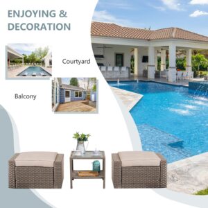 Small Patio Furniture Set with Glass Coffee Table, PE Rattan Outdoor Couch with Metal Frame, All Weather Wicker Patio Ottoman Set with Removable & Washable Cushion for Patio Garden, Khaki&Brown