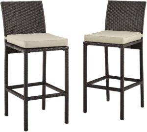 crosley furniture palm harbor wicker outdoor bar stools, set of 2, patio furniture for backyard, balcony, brown with sand cushion