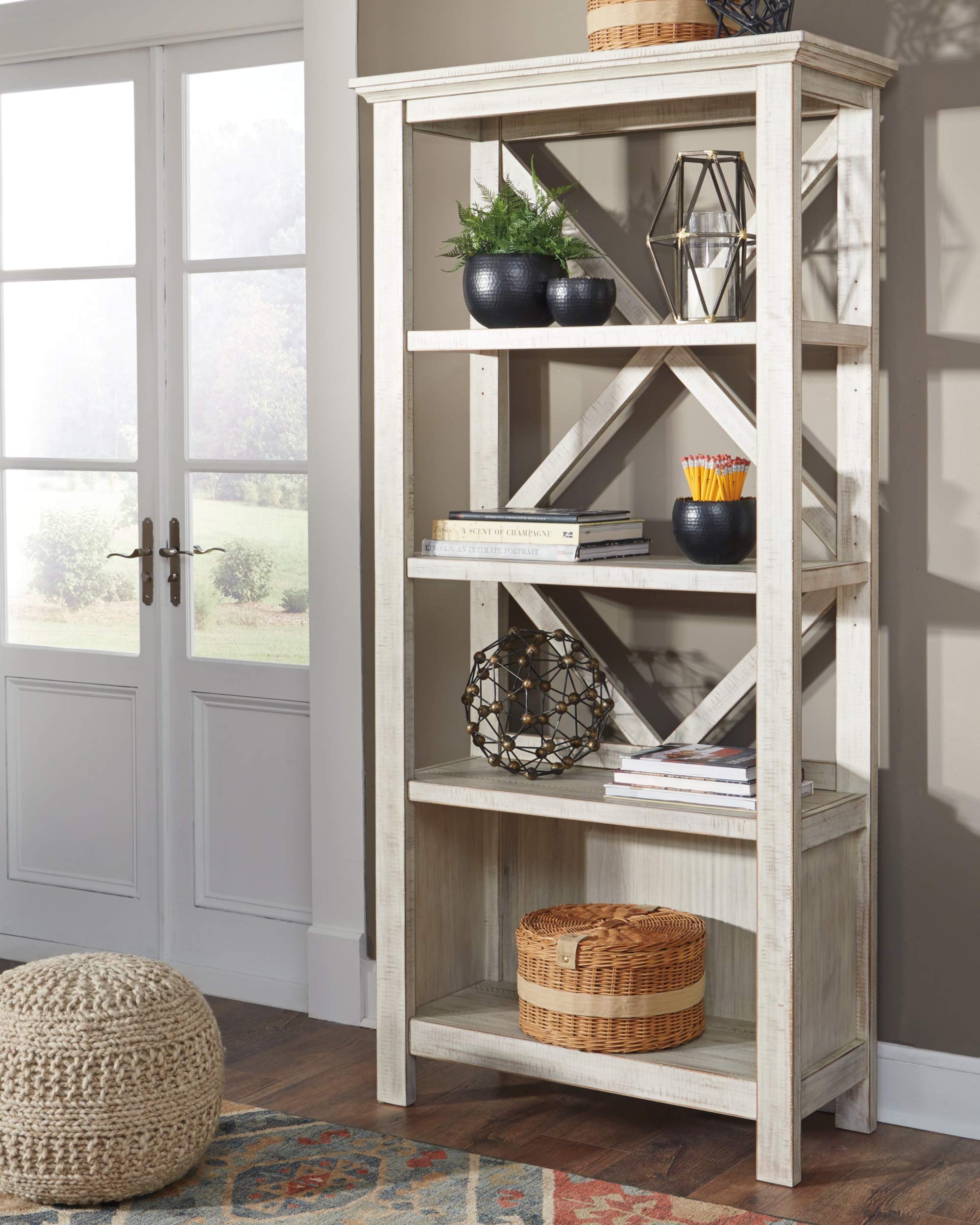 Signature Design by Ashley Carynhurst Rustic Farmhouse 75" Bookcase with 4 Shelves, White