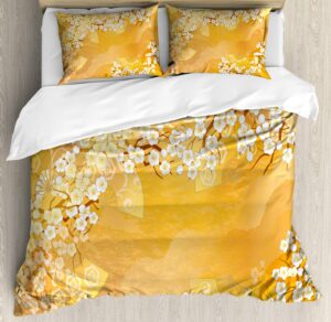 ambesonne east duvet cover set, japanese cherry blossom sakura tree branches blooms art, decorative 3 piece bedding set with 2 pillow shams, queen size, marigold and cream