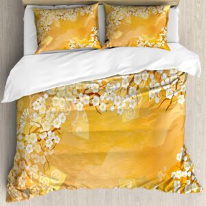 Ambesonne East Duvet Cover Set, Japanese Cherry Blossom Sakura Tree Branches Blooms Art, Decorative 3 Piece Bedding Set with 2 Pillow Shams, Queen Size, Marigold and Cream