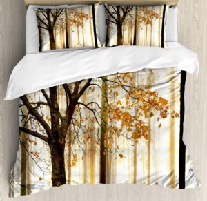 ambesonne autumn duvet cover set, picture of a lonely tree leaves on an abstract woodland background print, decorative 3 piece bedding set with 2 pillow shams, queen size, orange brown