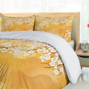 Ambesonne East Duvet Cover Set, Japanese Cherry Blossom Sakura Tree Branches Blooms Art, Decorative 3 Piece Bedding Set with 2 Pillow Shams, Queen Size, Marigold and Cream