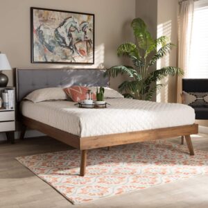 baxton studio alke mid-century modern light grey fabric upholstered walnut brown finished wood queen size platform bed