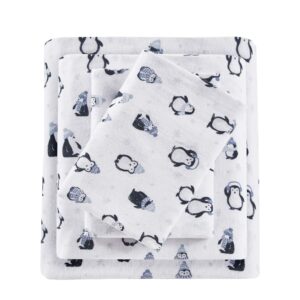 intelligent design cozy soft 100% cotton flannel print animals stars cute warm, ultra soft cold weather sheet set bedding, twin, blue penguins 3 piece