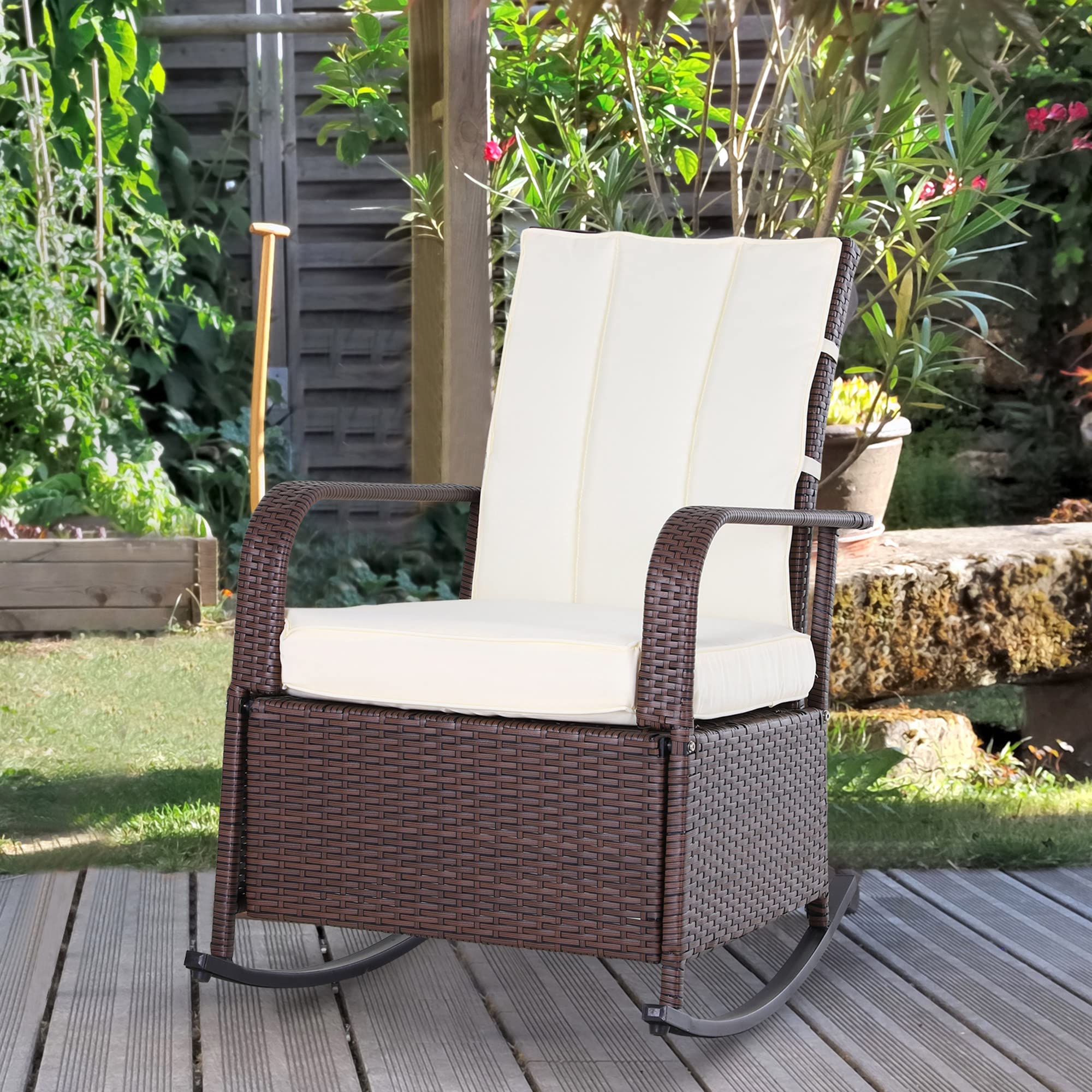 Outsunny Outdoor Rattan Rocking Chair Patio Recliner with Soft Cushions, Adjustable Footrest, Max. 135 Degree Backrest, PE Wicker, Beige