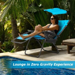 S AFSTAR Zero Gravity Chair with Shade Canopy, Reclining Lounge Chair with Adjustable Canopy Removable Headrest, Cup Holder, Folding Zero Gravity Lawn Chair for Patio Poolside, Assembly-Free, Blue