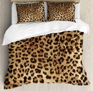 ambesonne leopard print duvet cover set, skin pattern of a wild savannah animal powerful panther big cat, decorative 3 piece bedding set with 2 pillow shams, queen size, brown beige