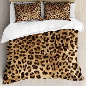 Ambesonne Leopard Print Duvet Cover Set, Skin Pattern of a Wild Savannah Animal Powerful Panther Big Cat, Decorative 3 Piece Bedding Set with 2 Pillow Shams, Queen Size, Brown Beige