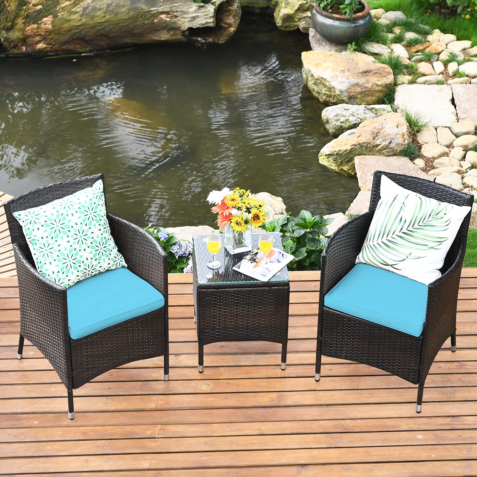 Tangkula Patio Furniture Set 3 Piece, Outdoor Wicker Rattan Conversation Set with Coffee Table, Chairs & Thick Cushions, Suitable for Patio Garden Lawn Backyard Pool