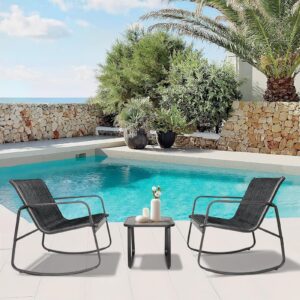 patiomore 3 pieces outdoor rocking chairs, patio bistro furniture black wicker chair set with tempered glass table and thick dark blue cushion