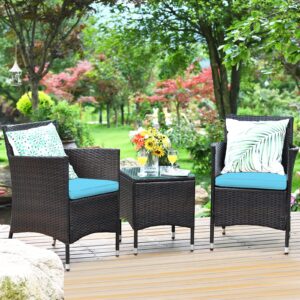 Tangkula Patio Furniture Set 3 Piece, Outdoor Wicker Rattan Conversation Set with Coffee Table, Chairs & Thick Cushions, Suitable for Patio Garden Lawn Backyard Pool