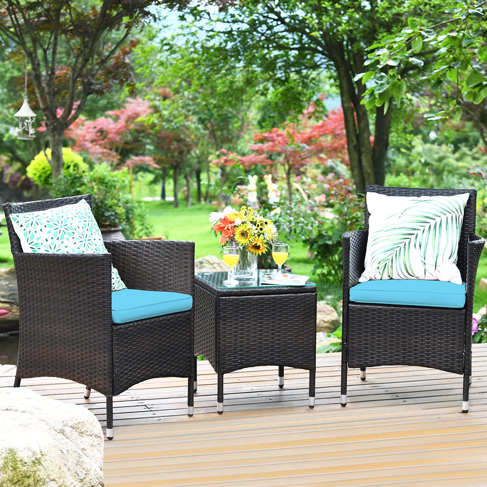 Tangkula Patio Furniture Set 3 Piece, Outdoor Wicker Rattan Conversation Set with Coffee Table, Chairs & Thick Cushions, Suitable for Patio Garden Lawn Backyard Pool