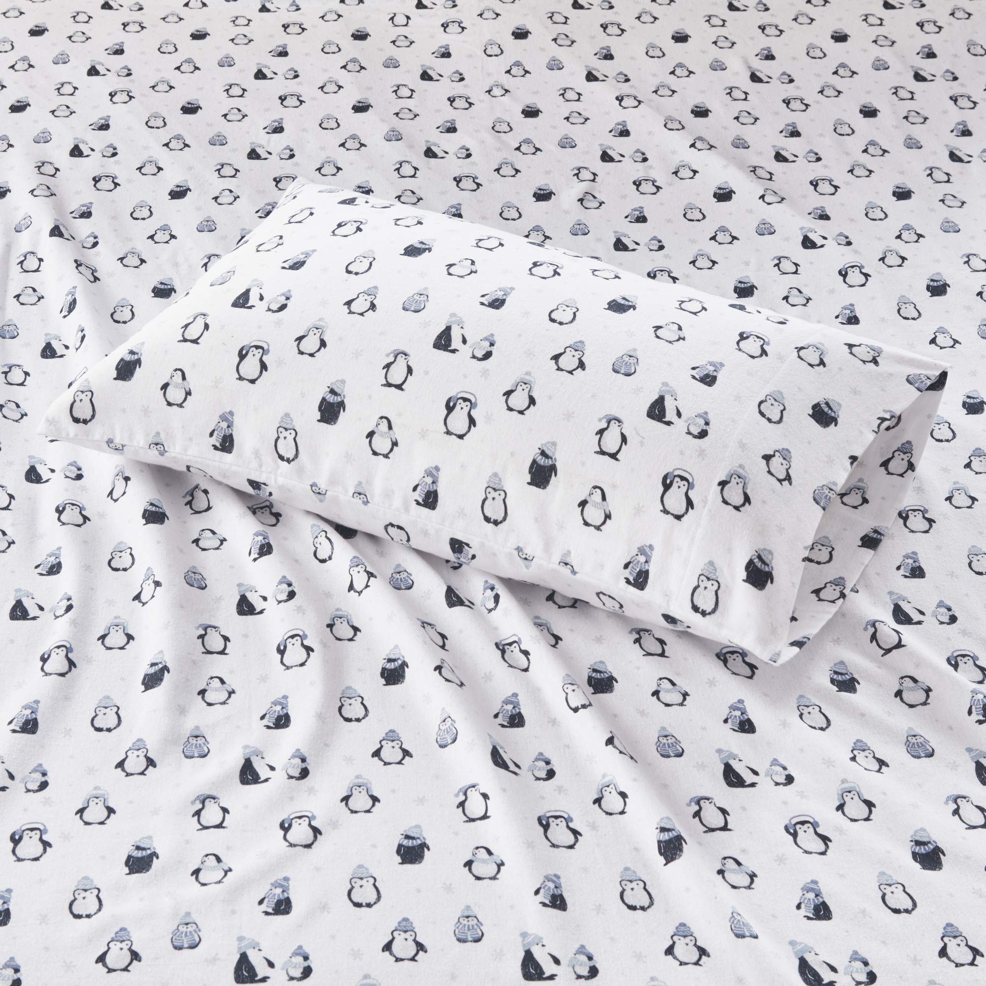 Intelligent Design Cozy Soft 100% Cotton Flannel Print Animals Stars Cute Warm, Ultra Soft Cold Weather Sheet Set Bedding, Twin, Blue Penguins 3 Piece