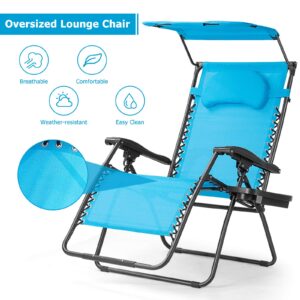 S AFSTAR Zero Gravity Chair with Shade Canopy, Reclining Lounge Chair with Adjustable Canopy Removable Headrest, Cup Holder, Folding Zero Gravity Lawn Chair for Patio Poolside, Assembly-Free, Blue