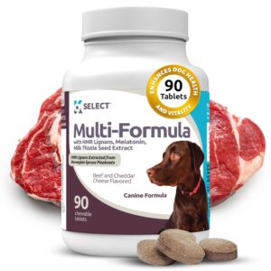 k9 select multi-formula dog vitamins for large dogs - 30mg hmr lignans, 3mg melatonin, 60mg milk thistle - helps heart, liver, digestion, skin & coat health, dog multivitamin, 90 tablets, beef flavor