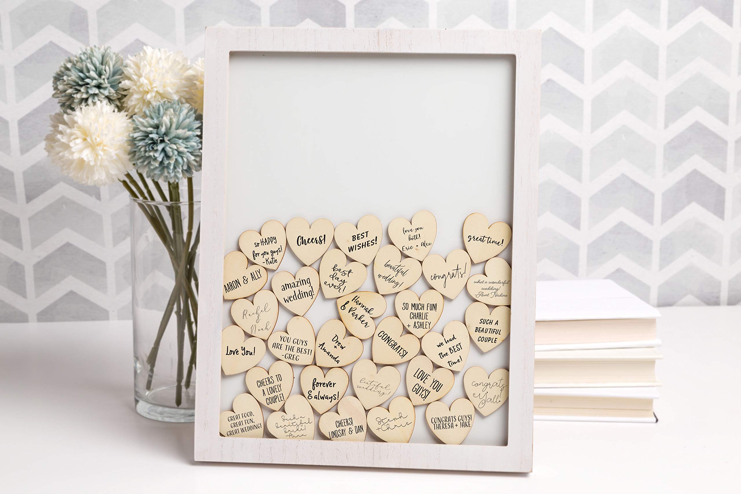 Kate & Milo Wedding Guestbook Token Frame, Includes 50 Heart Tokens, Perfect for Wedding Reception or Bridal Shower, Distressed White