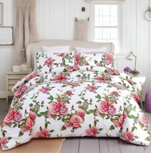 dada bedding romantic roses floral duvet cover set - lovely spring garden pink w/pillow cases - bright vibrant colorful blooming flowers - very soft comforter cover w/corner ties - full - 3-pieces