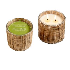 Field + Fleur by Hillhouse Naturals Cut Grass 2 Wick Woven Glass Candle Clover and Green Grass, This Fragrance finishes with Fresh-Cut Wisteria and jasmine-100% Soy Wax Blend Burn time 75+ Hours