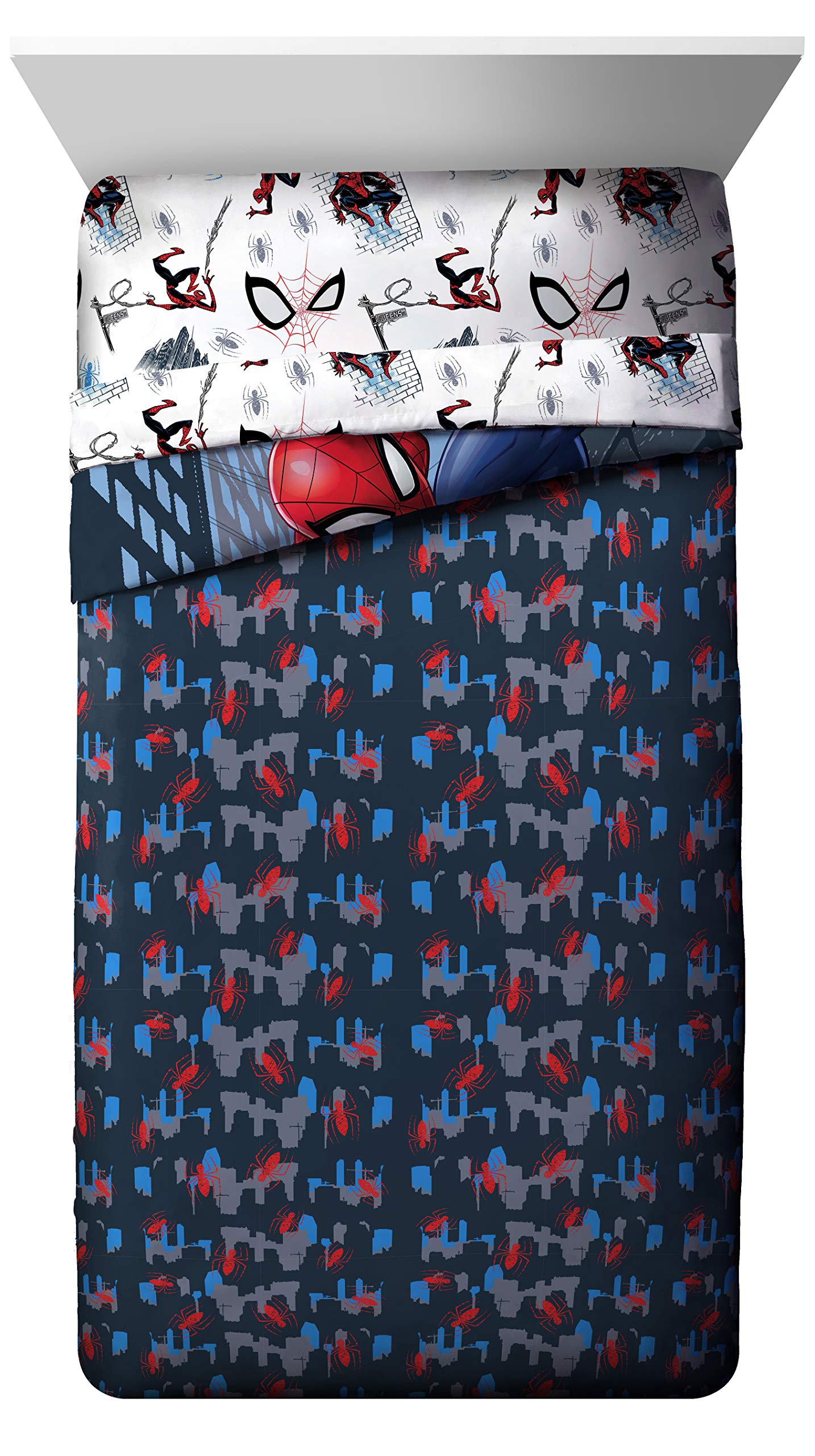 Jay Franco Marvel Spiderman Crawl 4 Piece Twin Bed Set - Includes Reversible Comforter & Sheet Set Bedding - Fade Resistant Microfiber - (Official Marvel Product), Multi - Spiderman