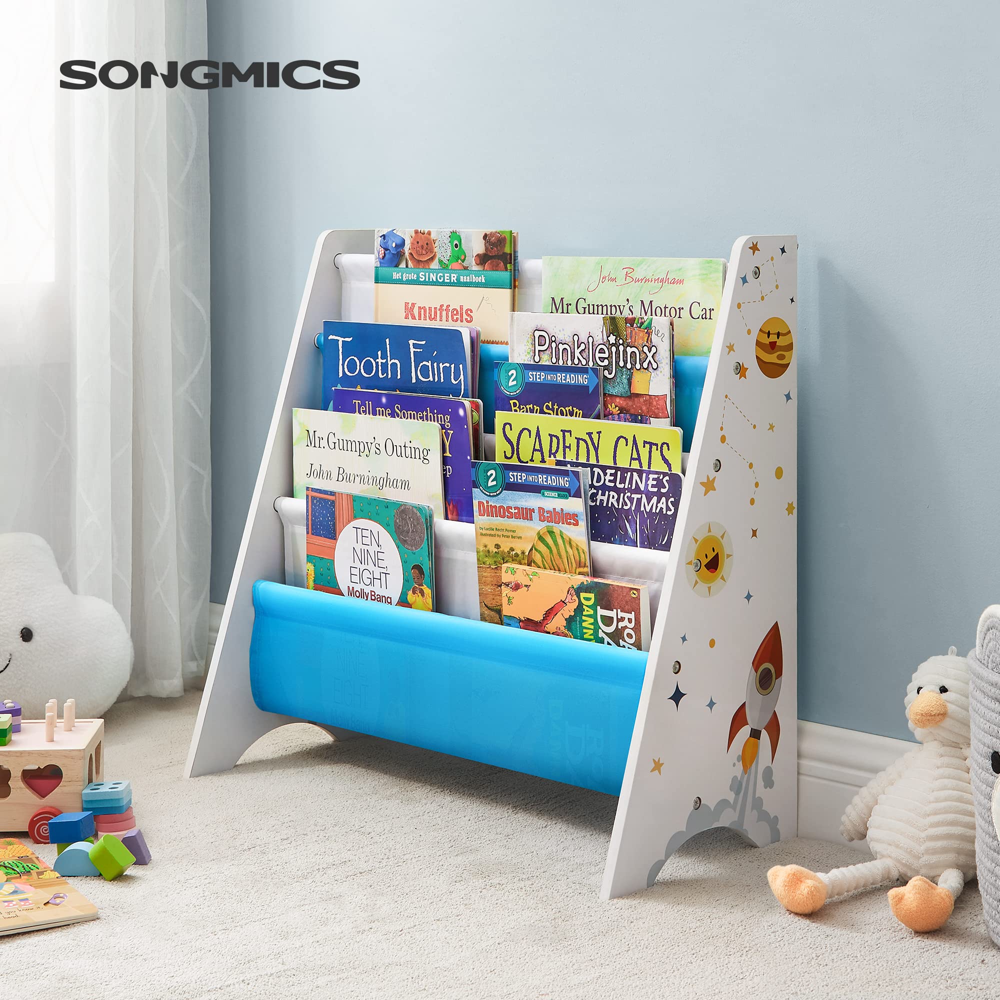 SONGMICS Kids’ Bookcase, Book Organizer, with Anti-Tip Kit, Storage Shelf for Children's Room, Playroom, School, Space-Saving Design, White, Blue and Gray UGKR72WT 11D x 24.6W x 23.6H in