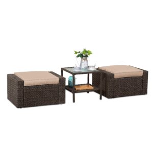 small patio furniture set with glass coffee table, pe rattan outdoor couch with metal frame, all weather wicker patio ottoman set with removable & washable cushion for patio garden, khaki&brown