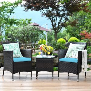 tangkula patio furniture set 3 piece, outdoor wicker rattan conversation set with coffee table, chairs & thick cushions, suitable for patio garden lawn backyard pool