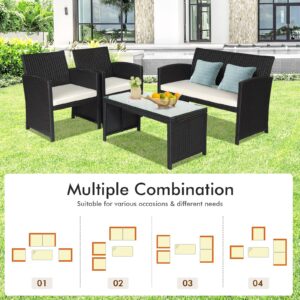 Goplus 4-Piece Rattan Patio Furniture Set, Outdoor Wicker Conversation Sofa with Weather Resistant Cushions and Tempered Glass Tabletop for Lawn Backyard Pool Garden (White(Black Wicker))