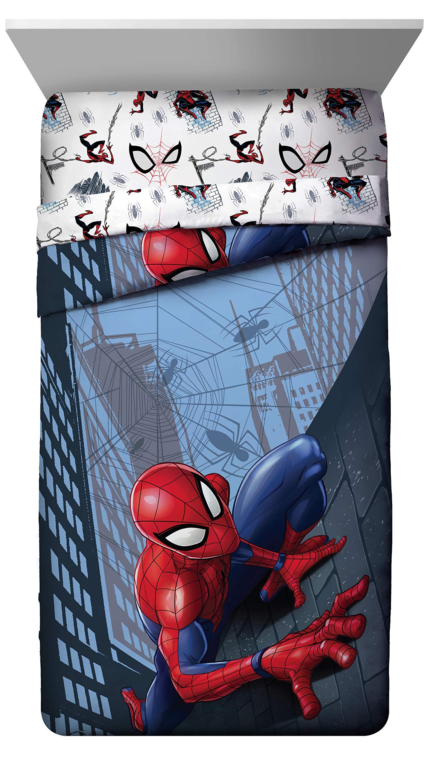 Jay Franco Marvel Spiderman Crawl 4 Piece Twin Bed Set - Includes Reversible Comforter & Sheet Set Bedding - Fade Resistant Microfiber - (Official Marvel Product), Multi - Spiderman