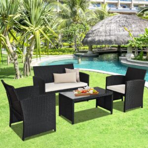 Goplus 4-Piece Rattan Patio Furniture Set, Outdoor Wicker Conversation Sofa with Weather Resistant Cushions and Tempered Glass Tabletop for Lawn Backyard Pool Garden (White(Black Wicker))