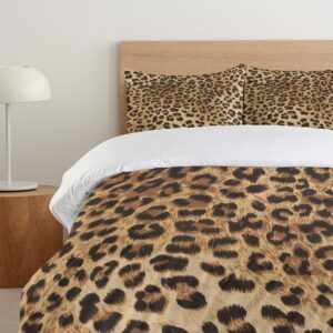 Ambesonne Leopard Print Duvet Cover Set, Skin Pattern of a Wild Savannah Animal Powerful Panther Big Cat, Decorative 3 Piece Bedding Set with 2 Pillow Shams, Queen Size, Brown Beige