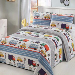 3pc full/queen size quilt bedspread kids/teens boys transportaions cars trucks bus traffic