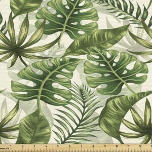 lunarable tropical fabric by the yard, rainforest island jungle foliage pattern green leaves retro nature, decorative fabric for upholstery and home accents, 1 yard, olive green