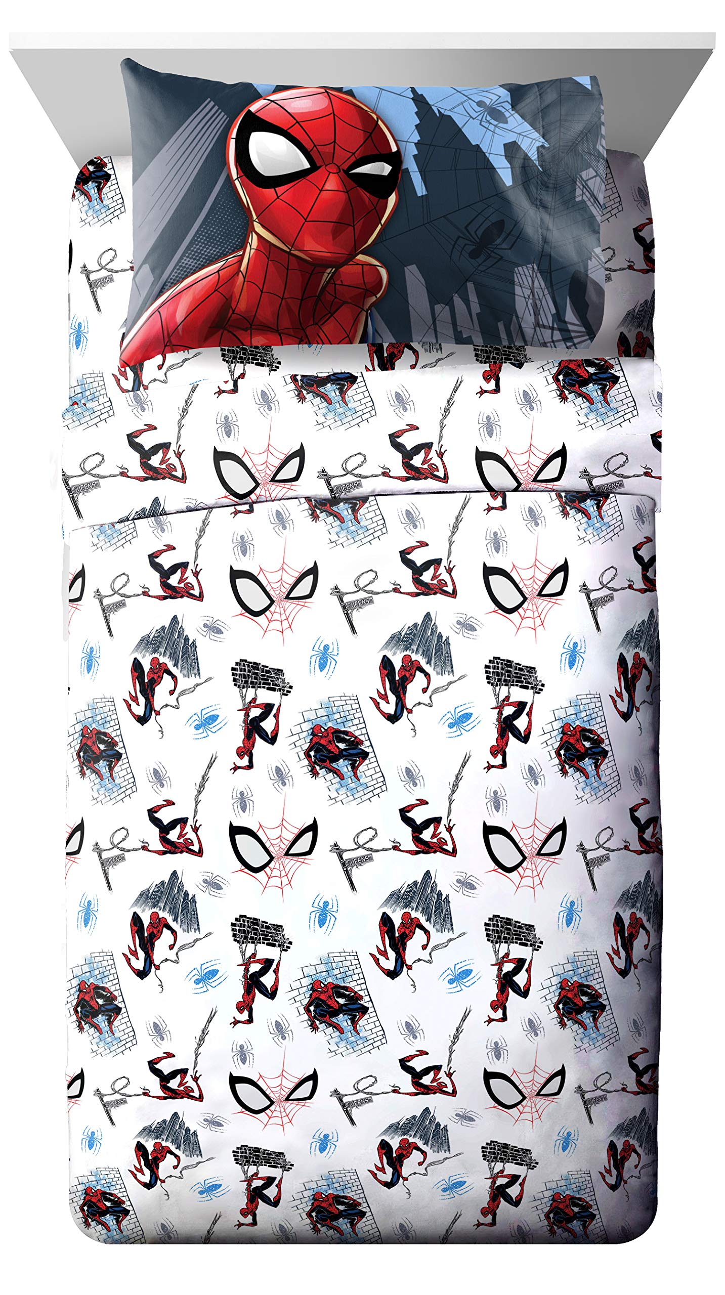 Jay Franco Marvel Spiderman Crawl 4 Piece Twin Bed Set - Includes Reversible Comforter & Sheet Set Bedding - Fade Resistant Microfiber - (Official Marvel Product), Multi - Spiderman