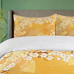 Ambesonne East Duvet Cover Set, Japanese Cherry Blossom Sakura Tree Branches Blooms Art, Decorative 3 Piece Bedding Set with 2 Pillow Shams, Queen Size, Marigold and Cream