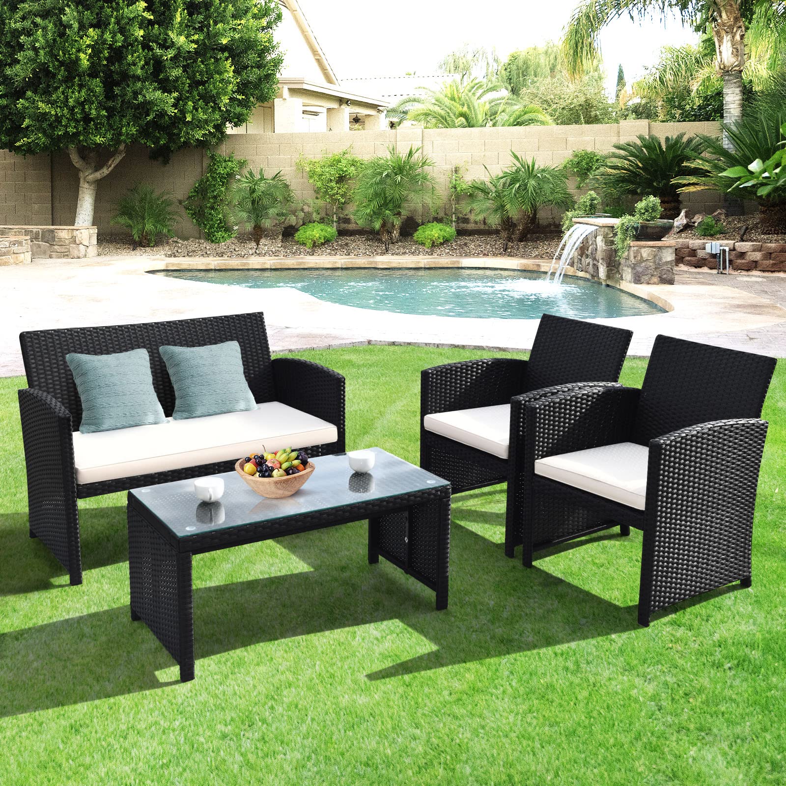 Goplus 4-Piece Rattan Patio Furniture Set, Outdoor Wicker Conversation Sofa with Weather Resistant Cushions and Tempered Glass Tabletop for Lawn Backyard Pool Garden (White(Black Wicker))