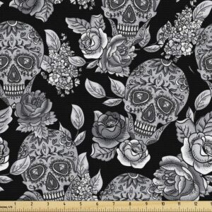 lunarable gothic fabric by the yard, composition of skeleton skull heads and flowers dark and scary details, decorative fabric for upholstery and home accents, 1 yard, grey charcoal