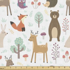 lunarable forest fabric by the yard, hand drawn bear owl hedgehog mushroom moose rabbits friends pattern, decorative fabric for upholstery and home accents, 3 yards, coffee brown