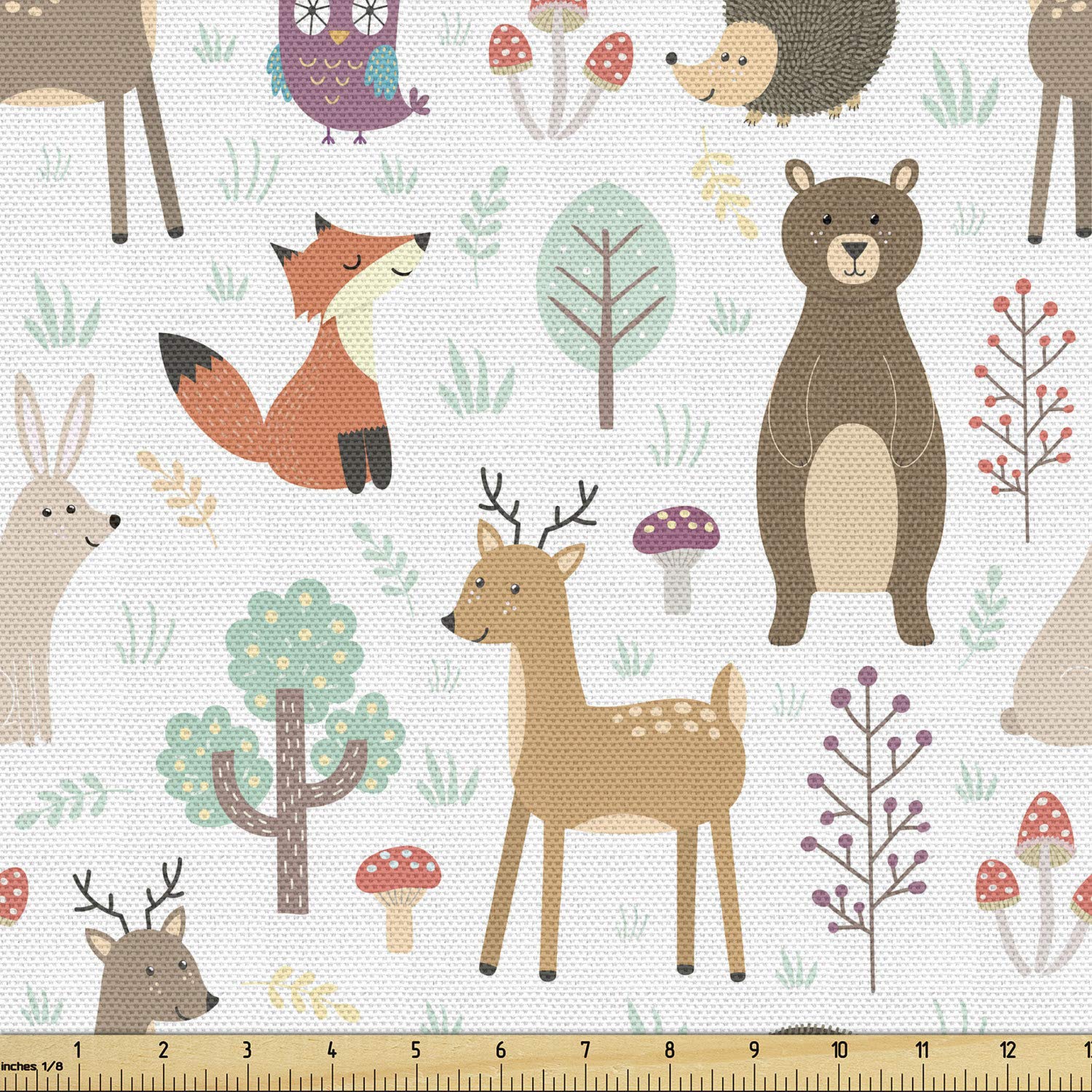 Lunarable Forest Fabric by The Yard, Hand Drawn Bear Owl Hedgehog Mushroom Moose Rabbits Friends Pattern, Decorative Fabric for Upholstery and Home Accents, 3 Yards, Coffee Brown