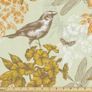 lunarable bird fabric by the yard, vintage composition with bird flying butterflies and dragonflies blooming wildflowers, decorative fabric for upholstery and home accents, 1 yard, brown mustard